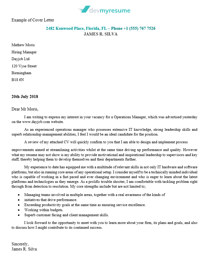 Resume Cover Letter Examples Operations Manager